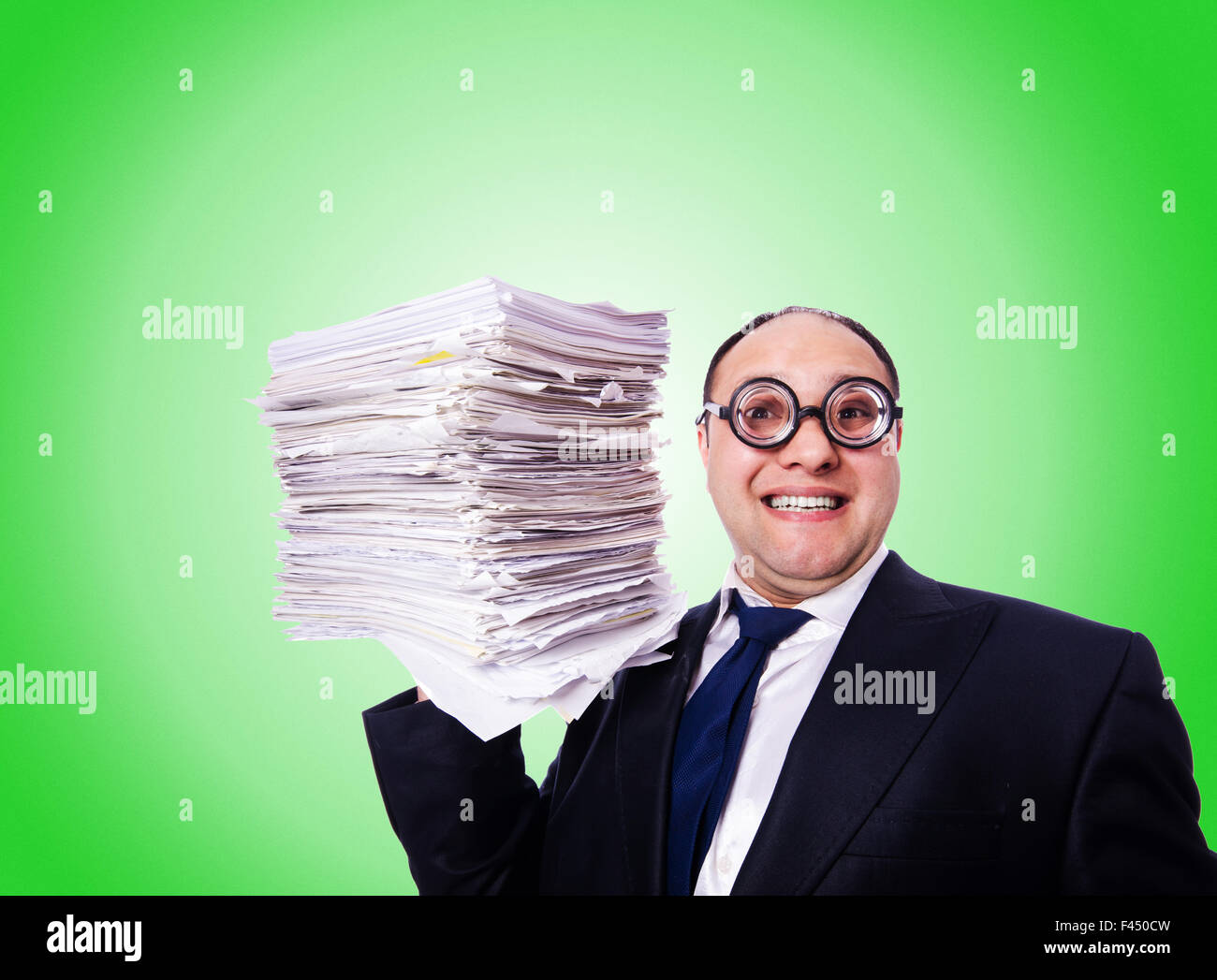 Funny man with lots of folders on white Stock Photo - Alamy