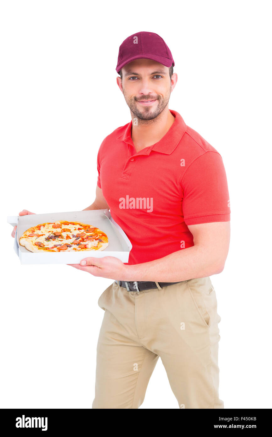 Delivery man showing fresh pizza Stock Photo - Alamy