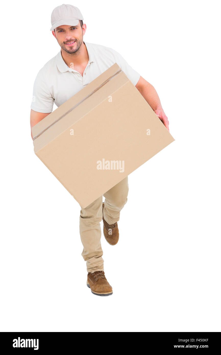 Delivery man with cardboard box running Stock Photo - Alamy