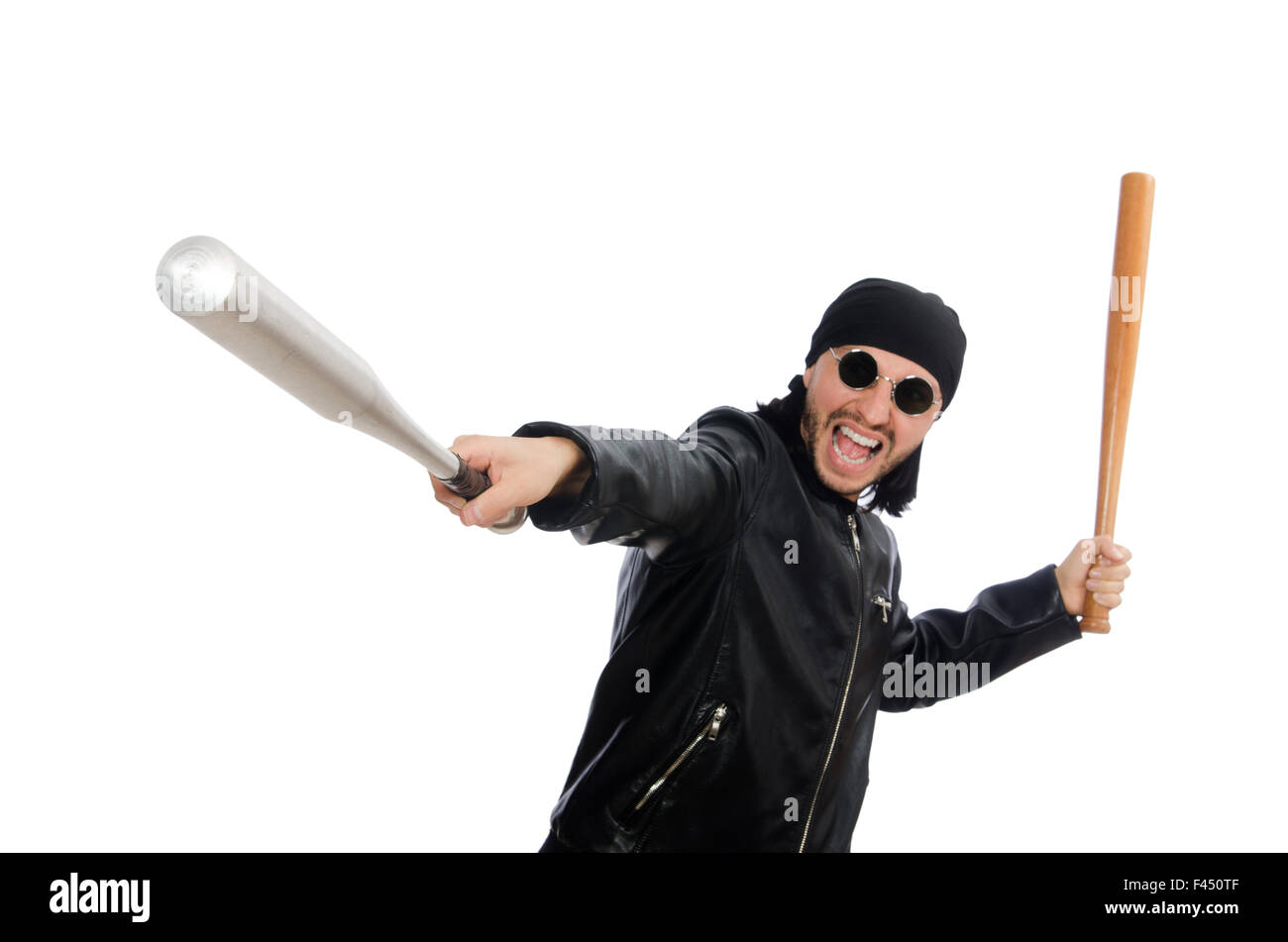 Aggressive man with baseball bat on white Stock Photo - Alamy
