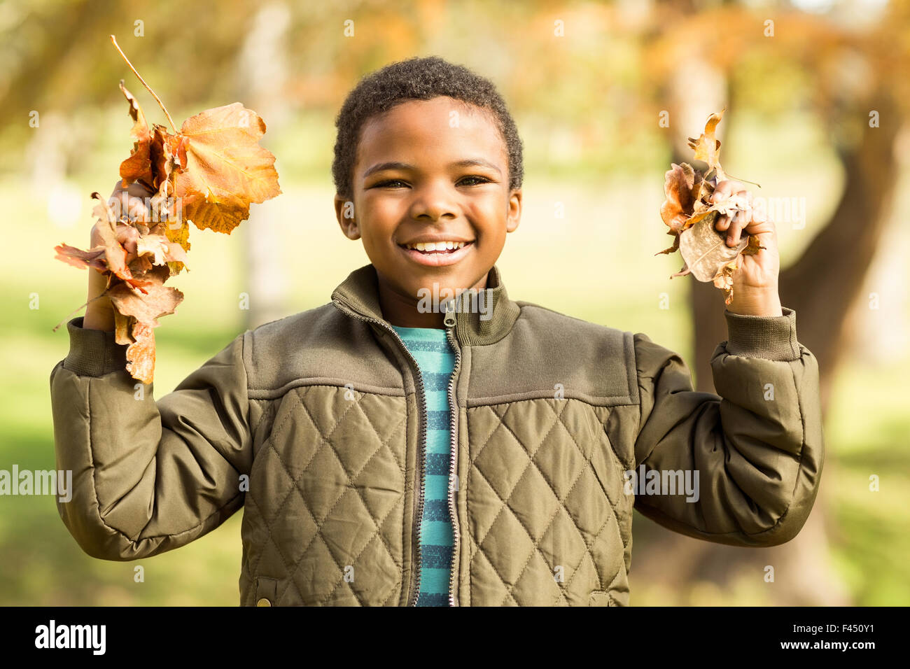 Portrait of a little boy holding leaves Stock Photo - Alamy