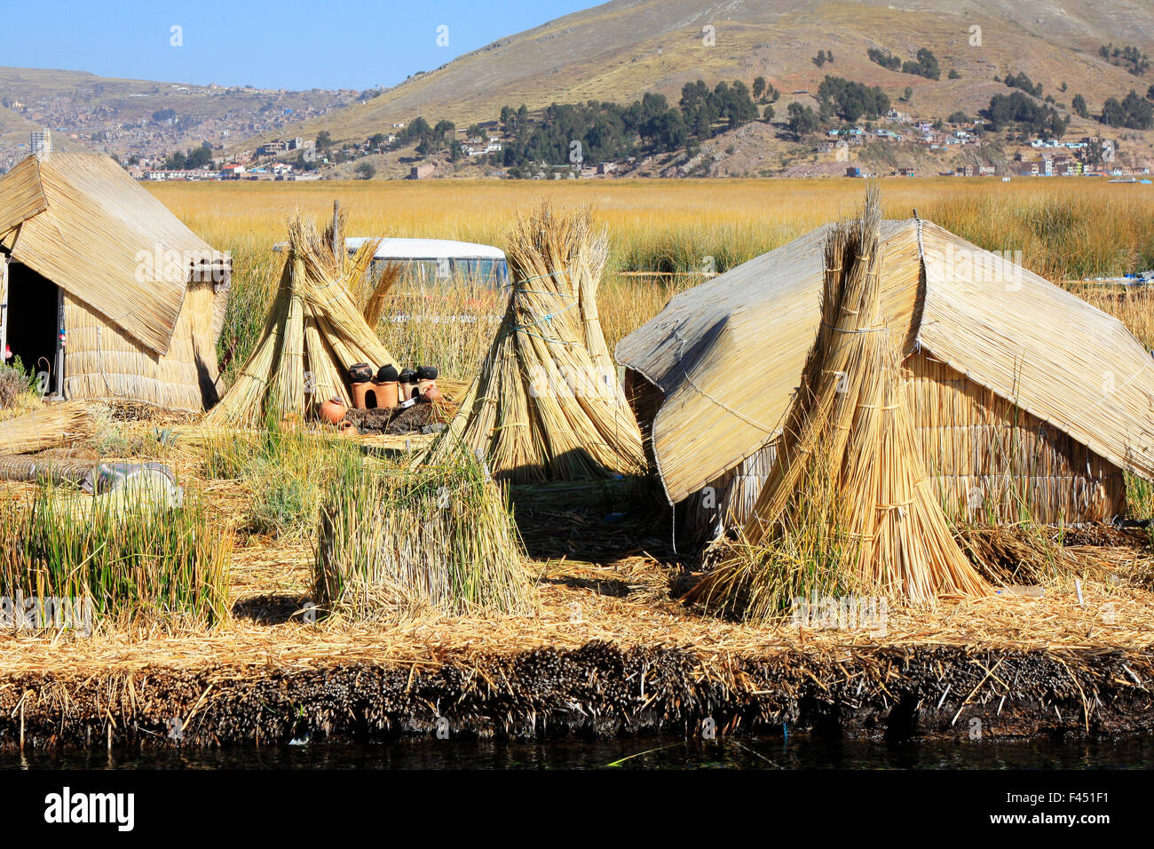 floating Uros islands on Lake Titicaca Peru which is 3800 meters above ...