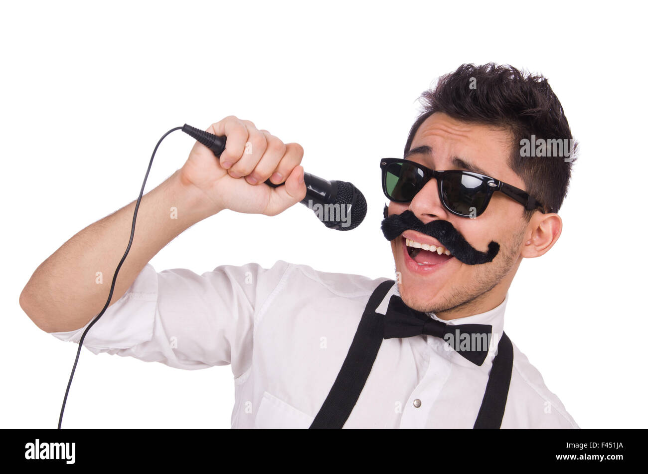 Funny man with mic isolated on white Stock Photo - Alamy