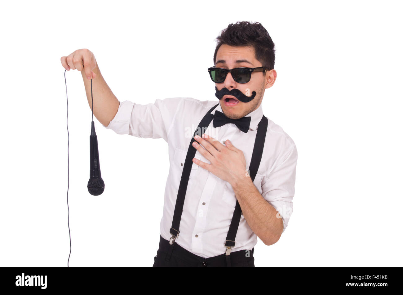 Funny man with mic isolated on white Stock Photo - Alamy