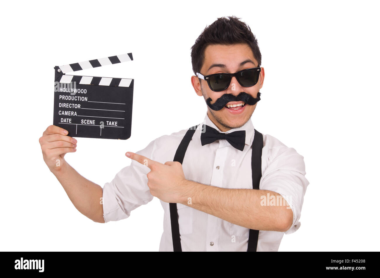 Funny with movie clapper isolated on white Stock Photo - Alamy