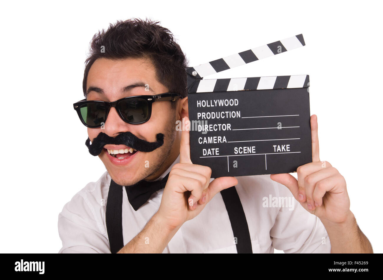 Funny with movie clapper isolated on white Stock Photo - Alamy