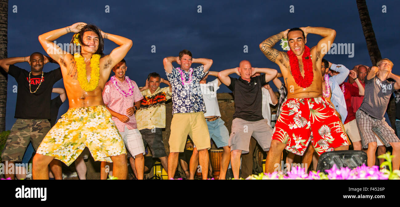 Native Hawaiians performing traditional dance at Lua, Big Island, Hawai ...