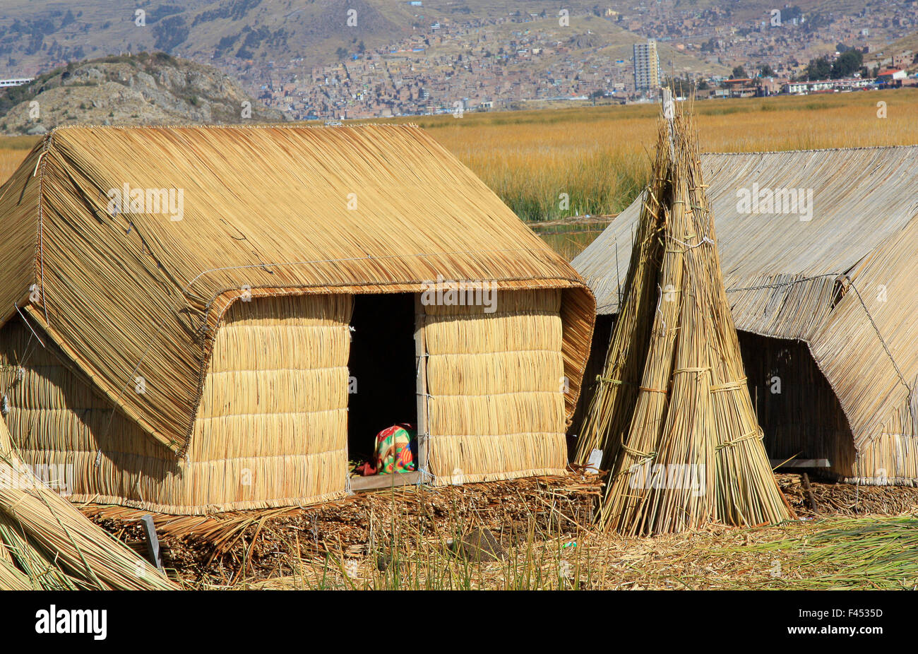 close up of hut on floating Uros islands on Lake Titicaca Peru which is ...