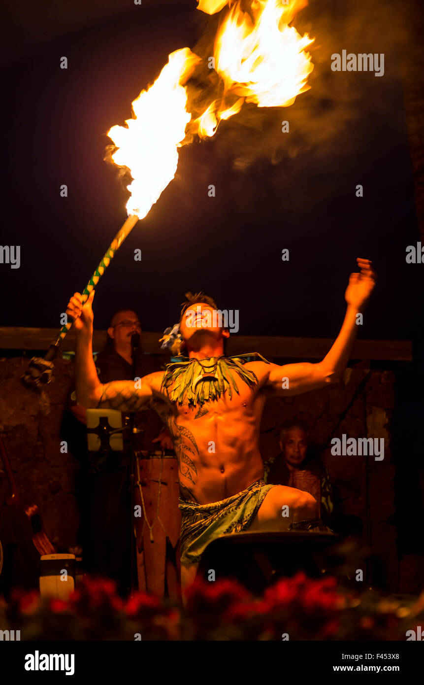 Native male Hawaiian performing traditional fire dance at Lua, Big ...