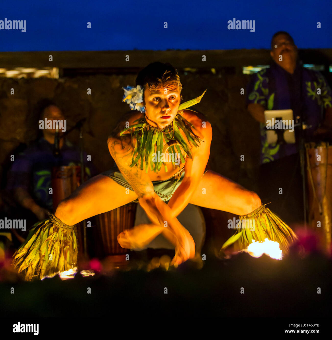 Native male Hawaiian performing traditional fire dance at Lua, Big ...