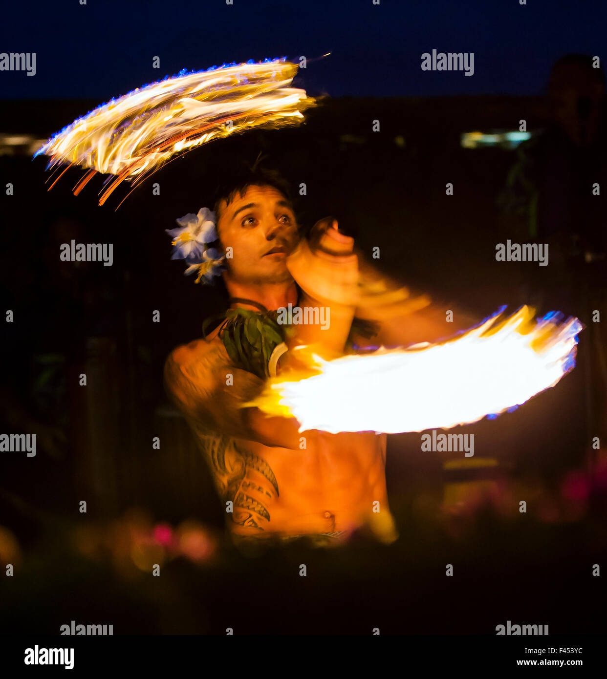 Native male Hawaiian performing traditional fire dance at Lua, Big ...