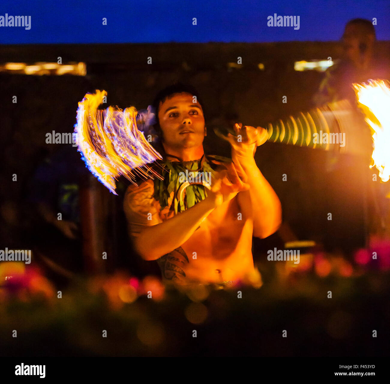 Native male Hawaiian performing traditional fire dance at Lua, Big ...