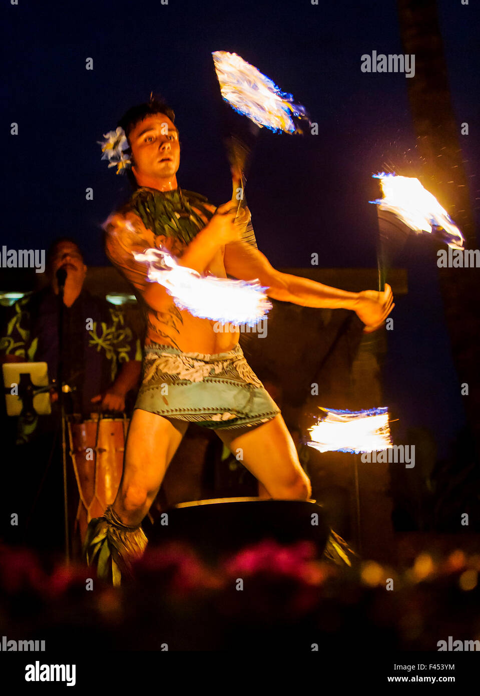 Native male Hawaiian performing traditional fire dance at Lua, Big ...