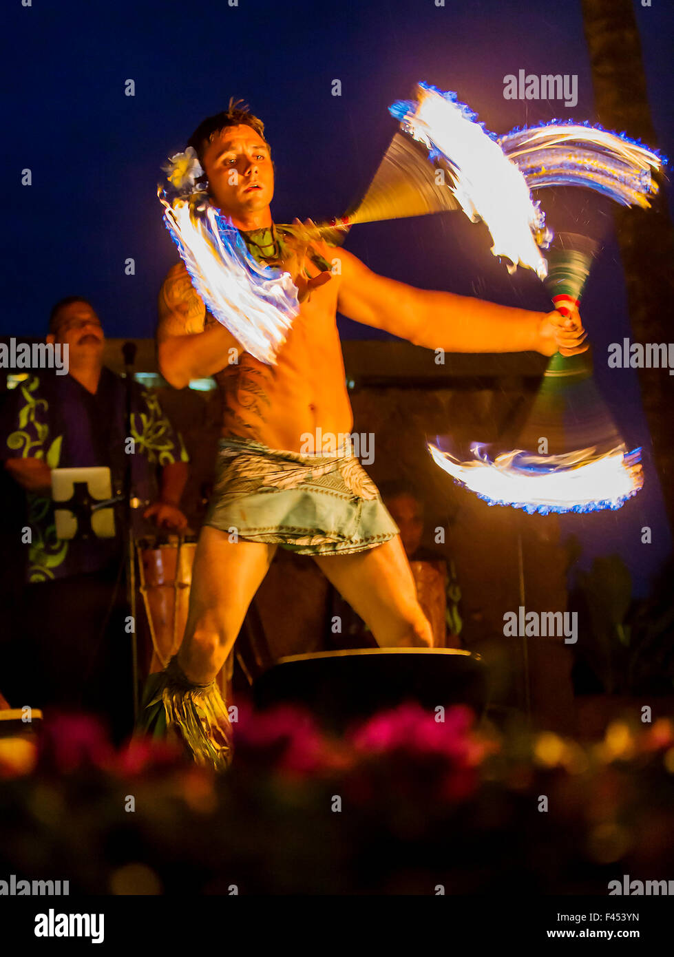 Native male Hawaiian performing traditional fire dance at Lua, Big ...