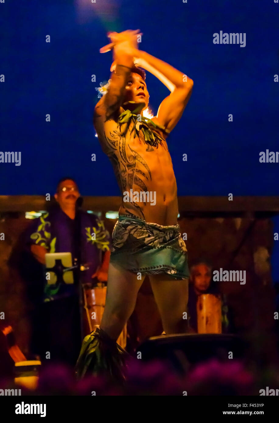 Native male Hawaiian performing traditional fire dance at Lua, Big ...