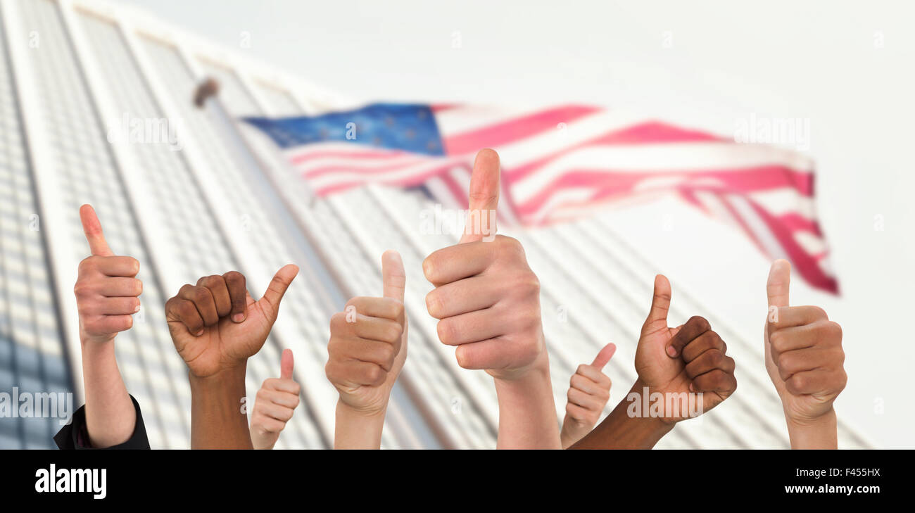 Hands raising american flag hi-res stock photography and images - Alamy