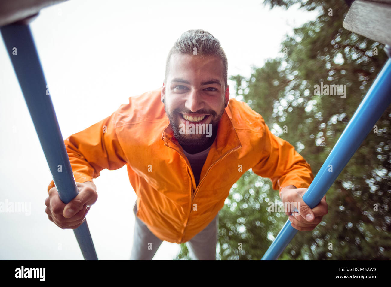 Man having fun on a hike Stock Photo - Alamy