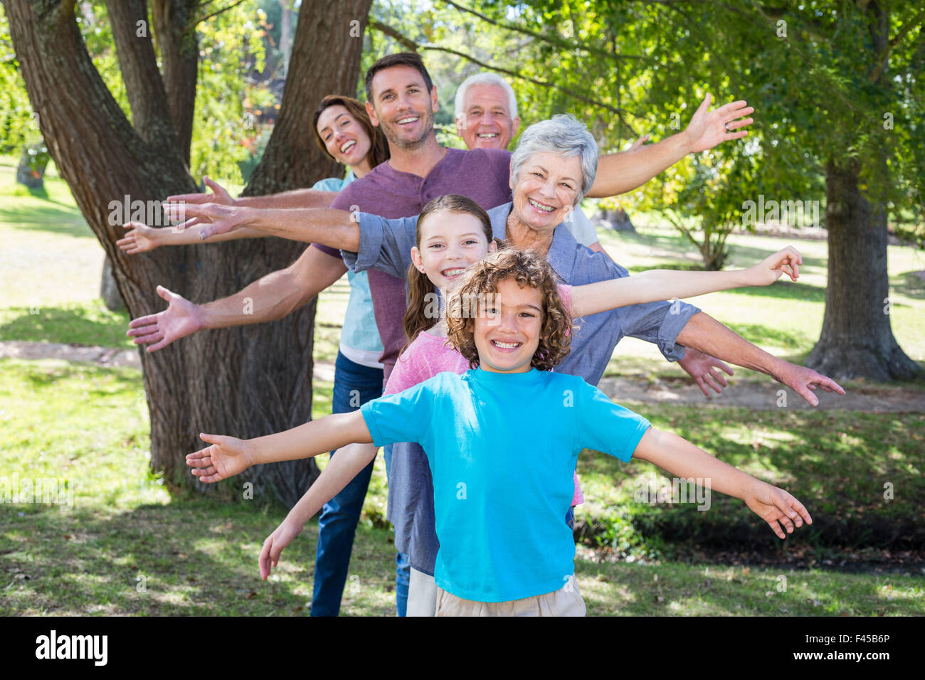Extended family smiling in the park Stock Photo - Alamy