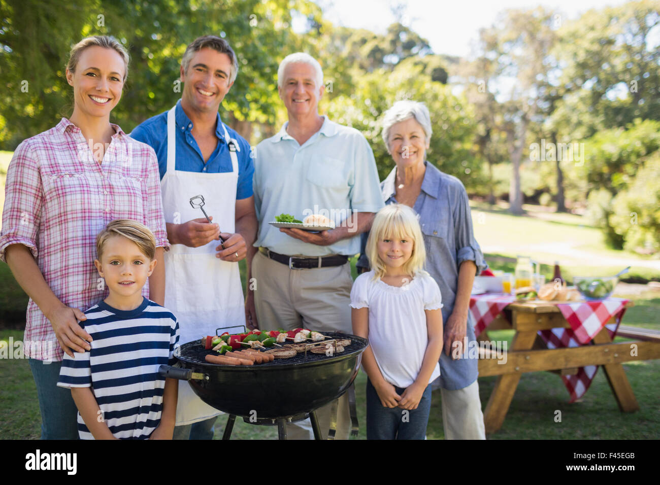 Happy family doing barbecue in the park Stock Photo - Alamy