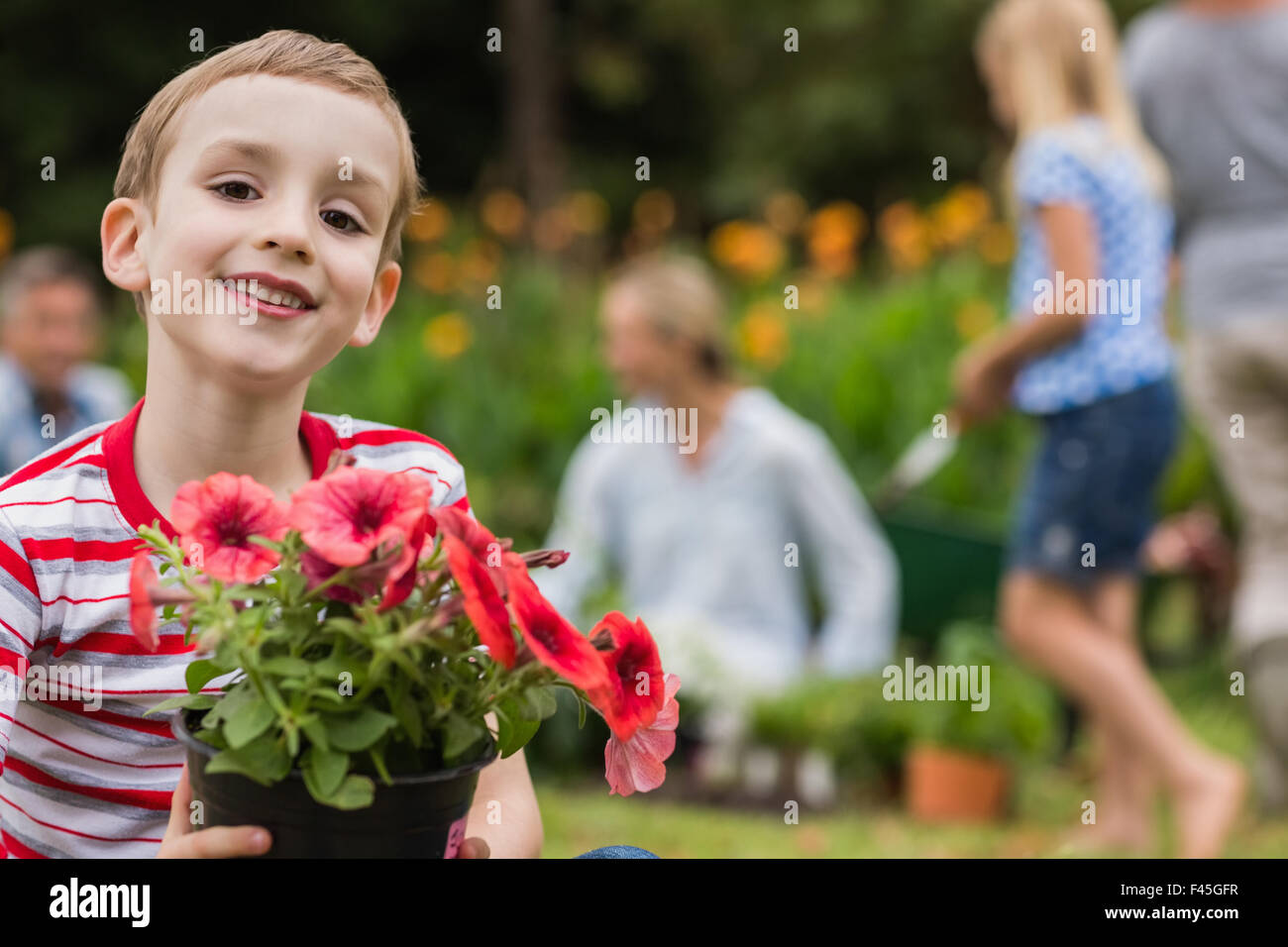 Young boy sitting with flower pot Stock Photo - Alamy