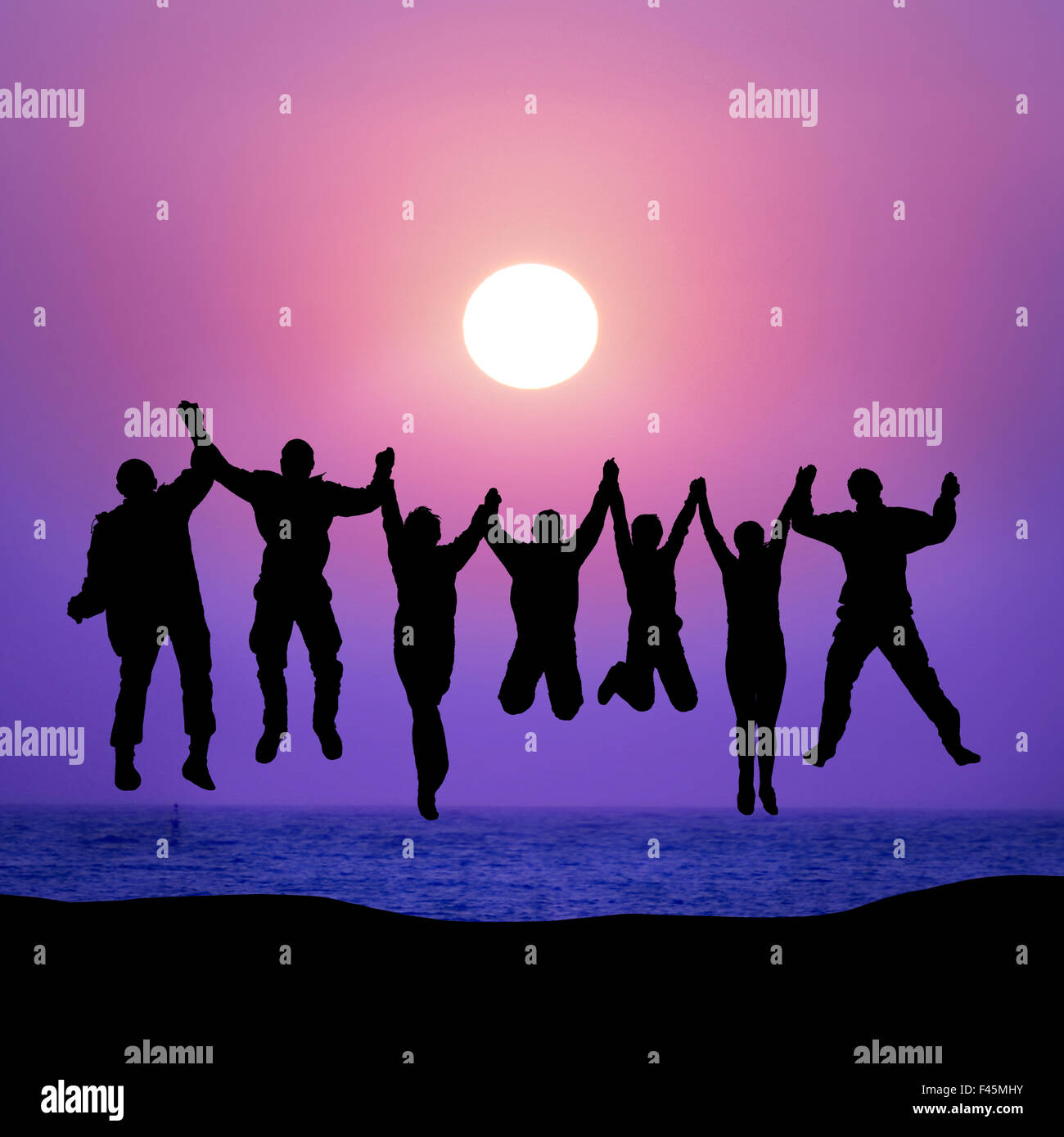 Happy friends sunset jump friendship hi-res stock photography and ...