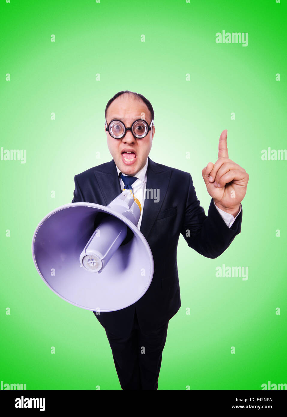 Funny man with loudspeaker on white Stock Photo - Alamy