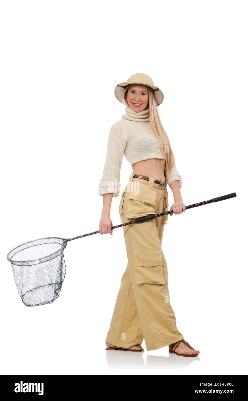 Woman with catching net isolated on white Stock Photo - Alamy