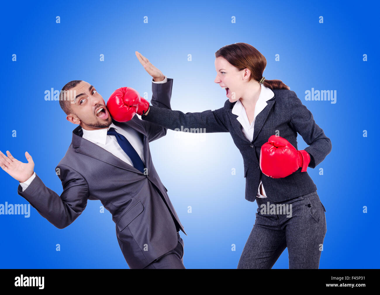 Office pair fighting isolated on white Stock Photo - Alamy