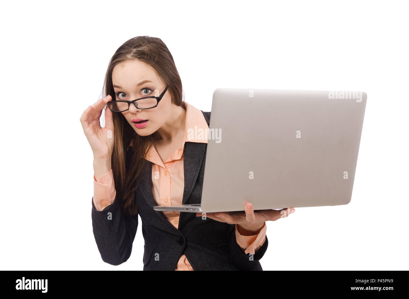 Working lady with laptop isolated on white Stock Photo - Alamy