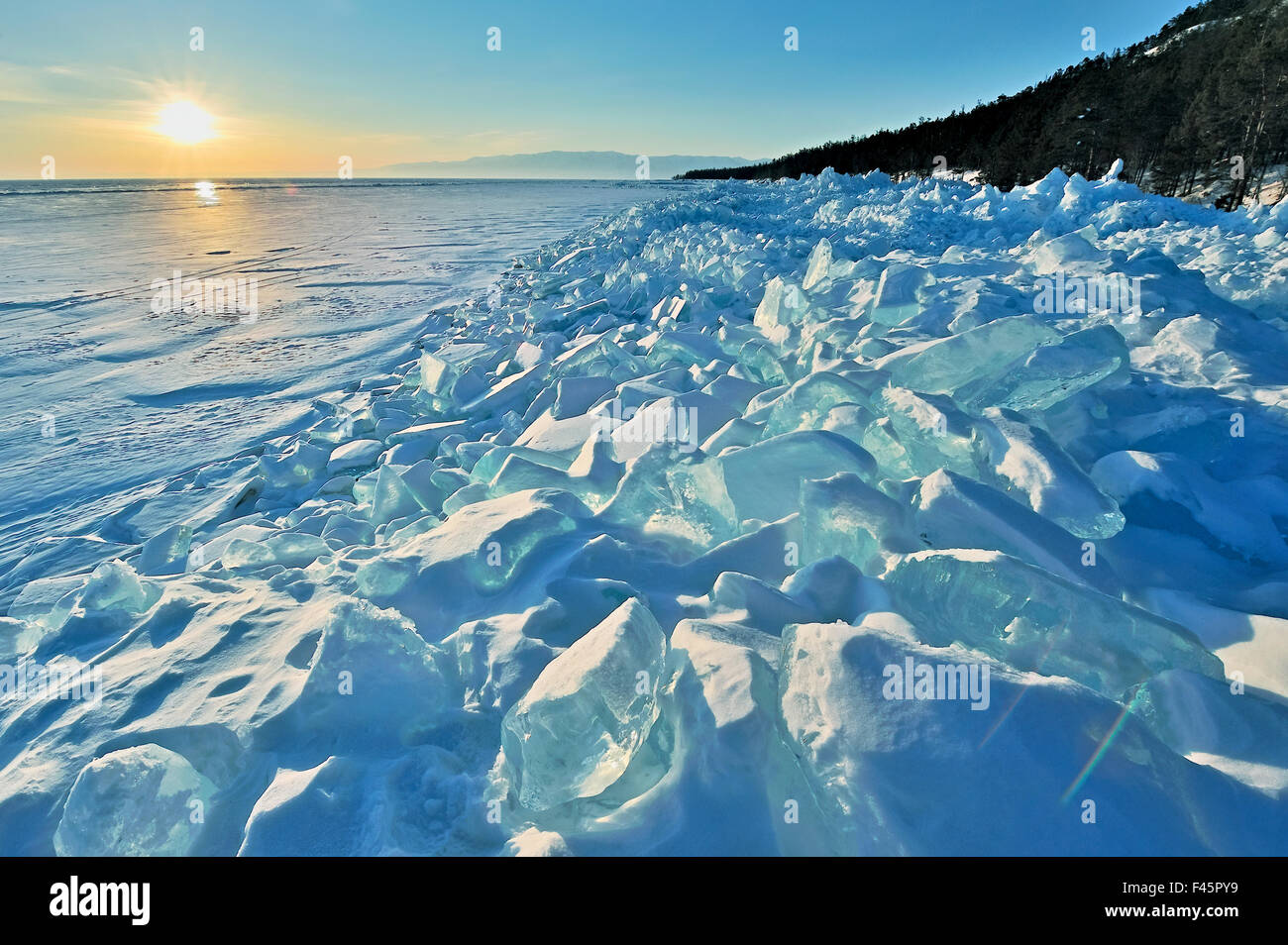 Ice pile of broken shelf ice, near the shore of Lake Baikal, Siberia ...