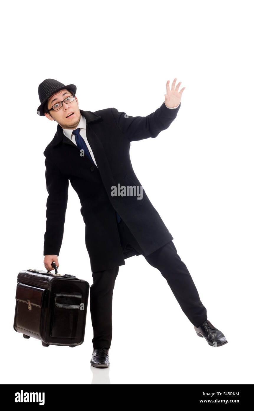 Young man holding suitcase isolated on white Stock Photo - Alamy