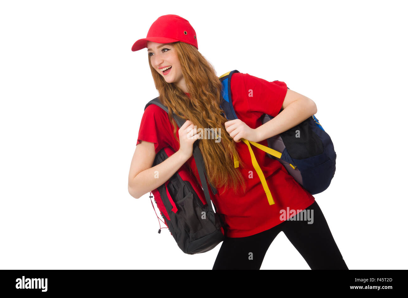 Pretty girl with backpack isolated on white Stock Photo - Alamy