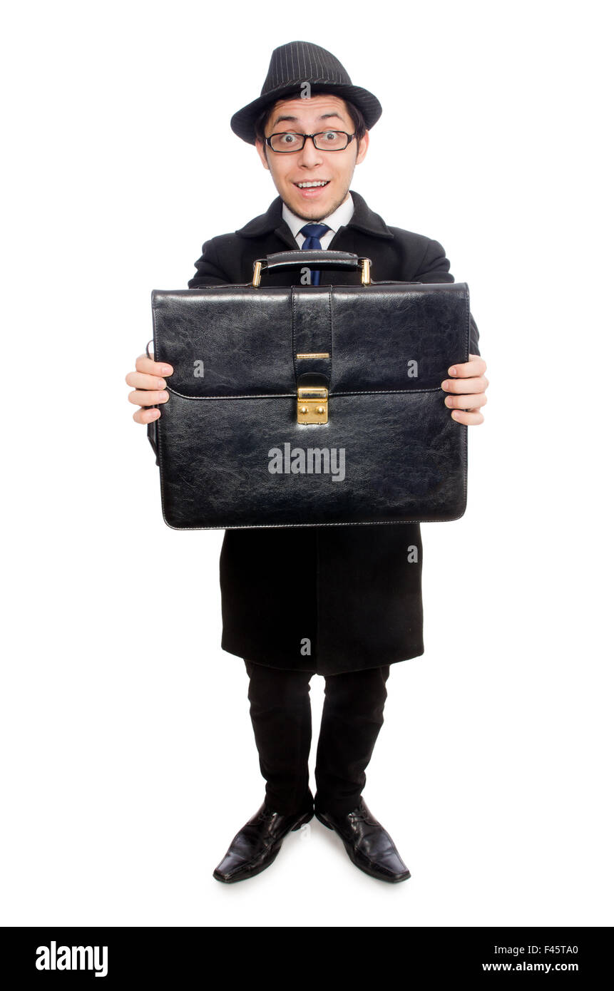 Young man holding suitcase isolated on white Stock Photo - Alamy
