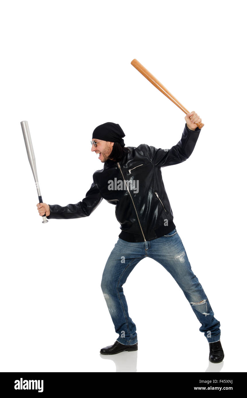 Aggressive man with baseball bat on white Stock Photo - Alamy