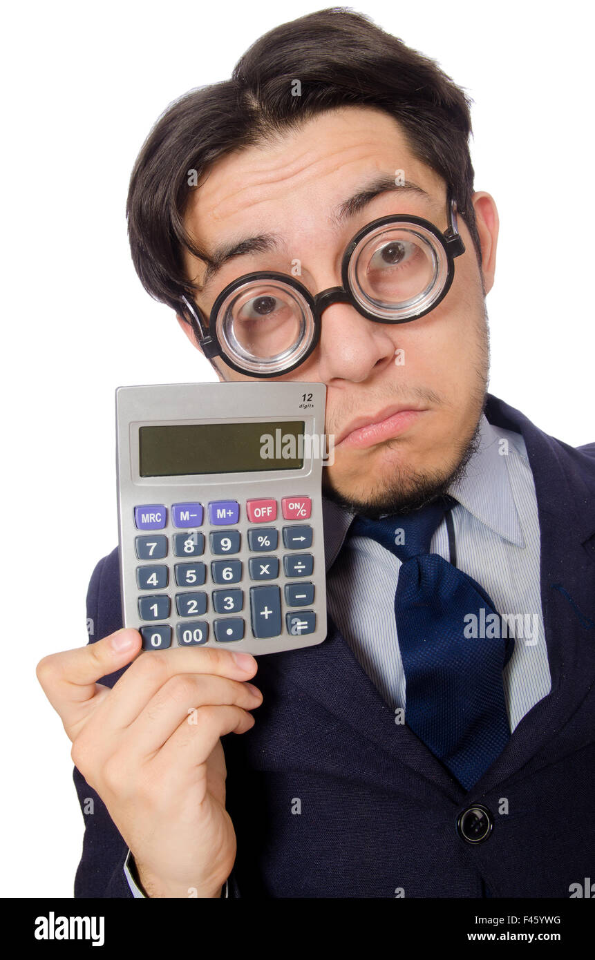 Funny man with calculator isolated on white Stock Photo - Alamy
