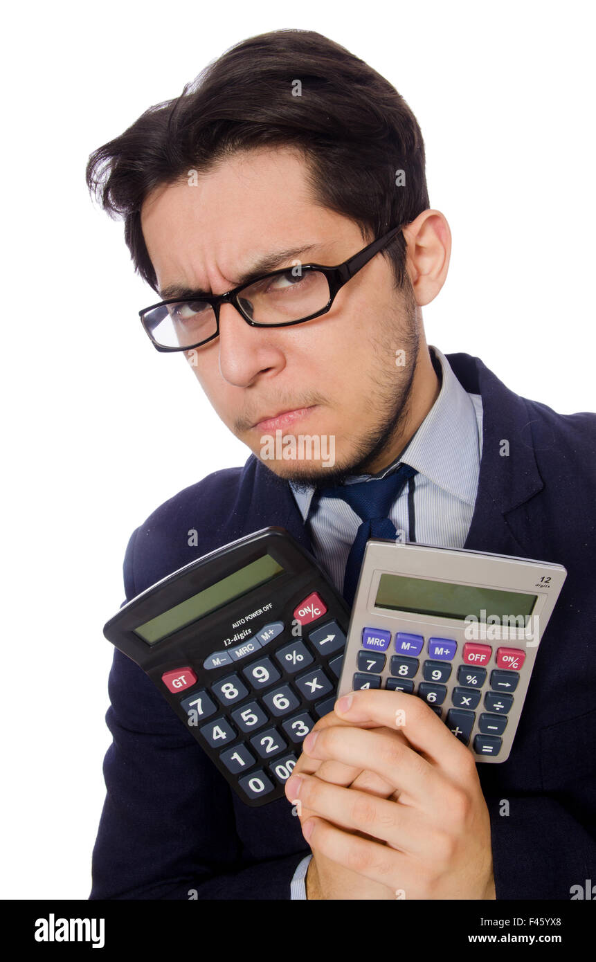 Funny man with calculator isolated on white Stock Photo - Alamy