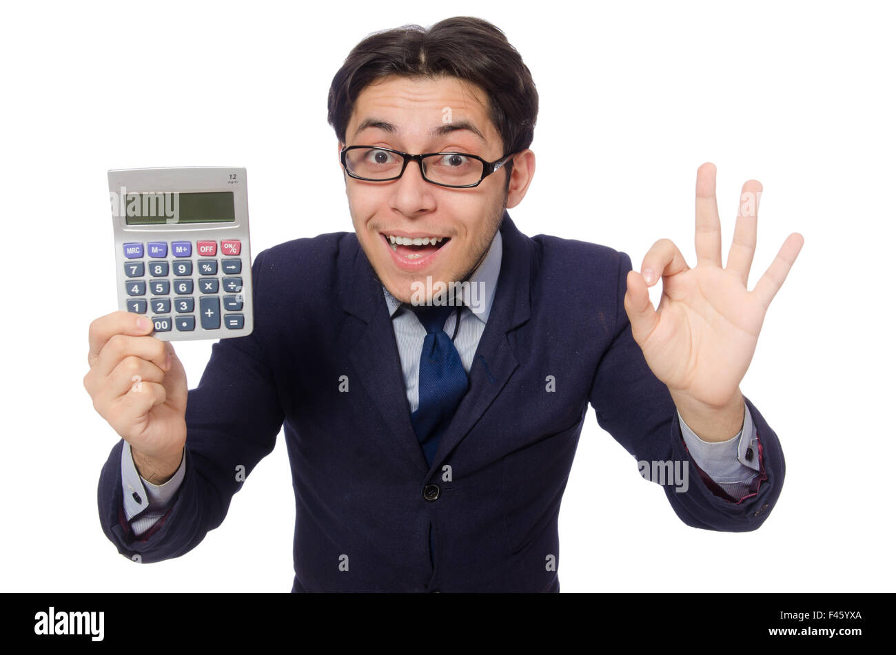 Funny man with calculator isolated on white Stock Photo - Alamy