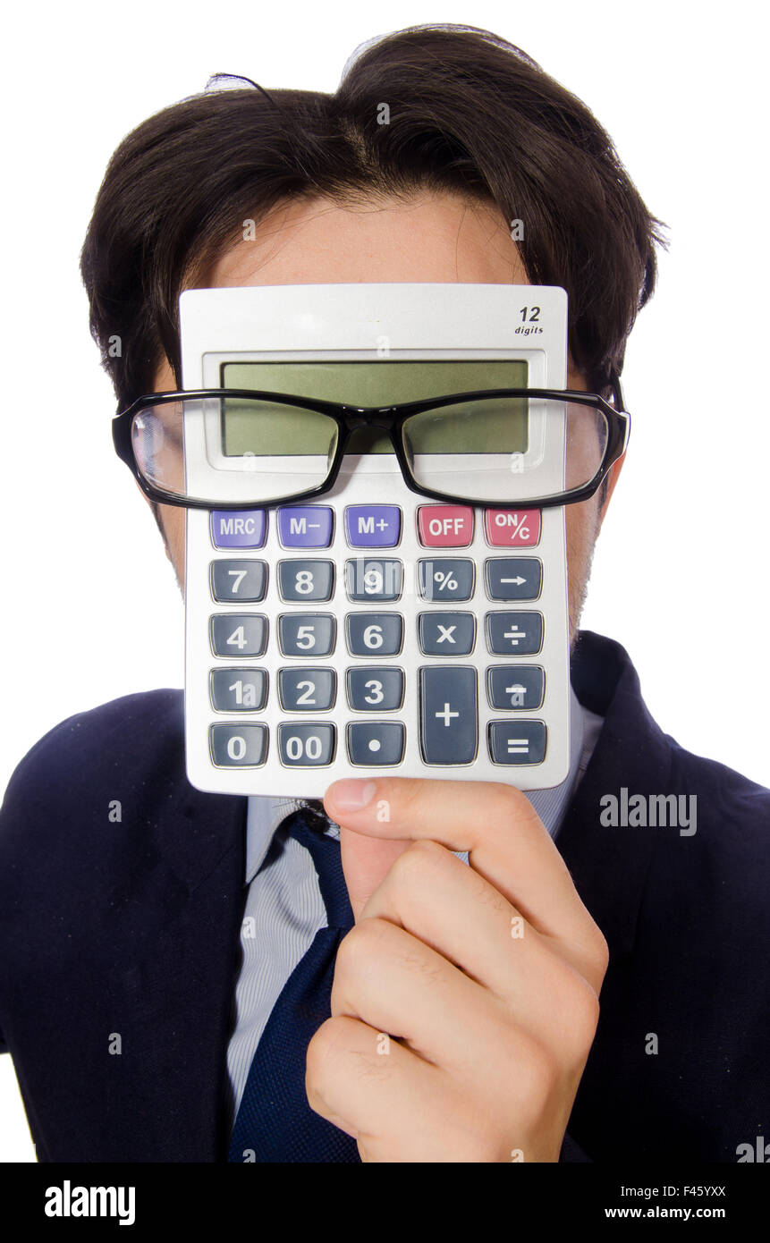 Funny man with calculator isolated on white Stock Photo - Alamy