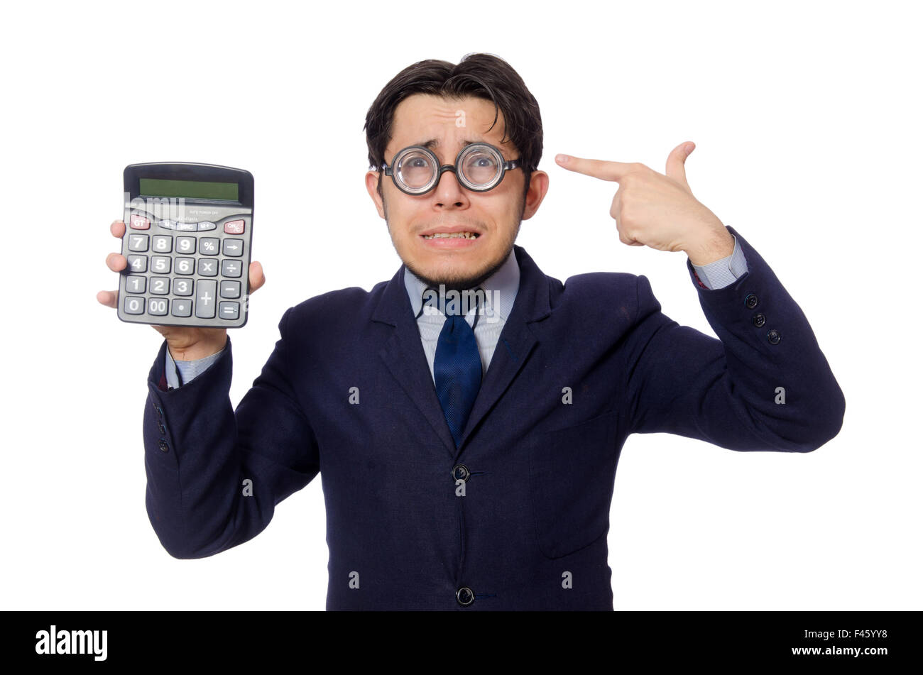 Funny man with calculator isolated on white Stock Photo - Alamy