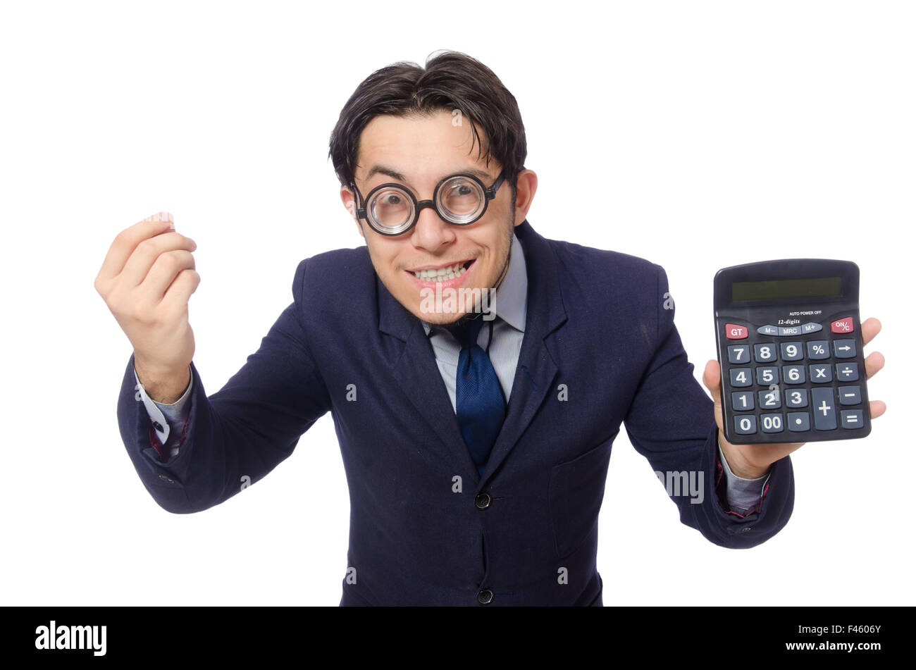 Funny man with calculator isolated on white Stock Photo - Alamy