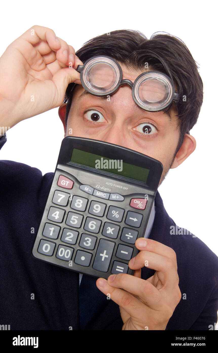 Funny man with calculator isolated on white Stock Photo - Alamy