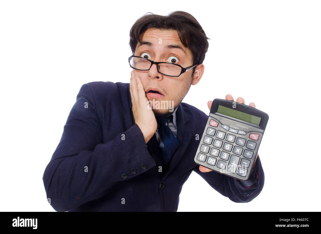 Funny man with calculator isolated on white Stock Photo - Alamy