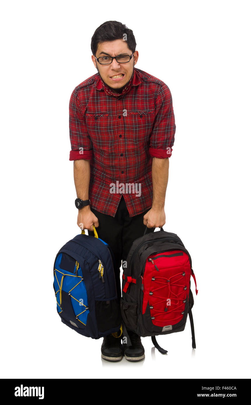 Young man with bags isolated on white Stock Photo - Alamy