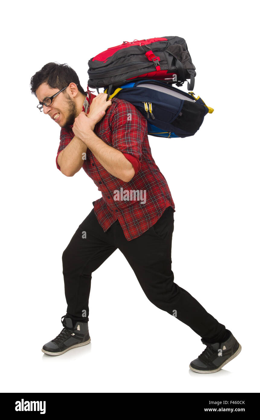 Young man with bags isolated on white Stock Photo - Alamy