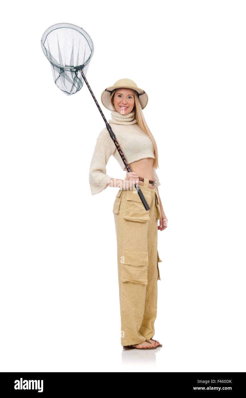 Woman with catching net isolated on white Stock Photo - Alamy