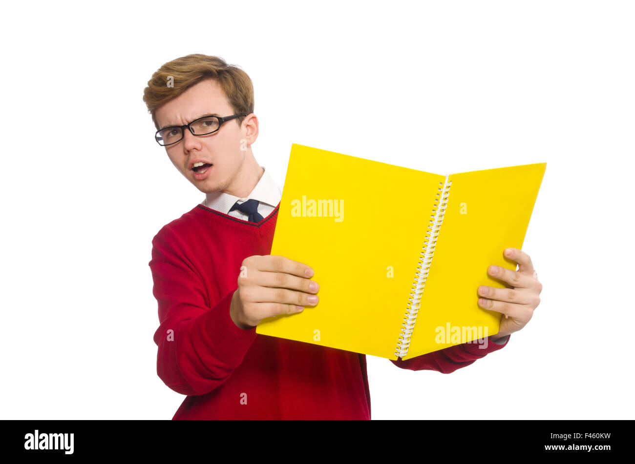 Student with paper isolated on white Stock Photo - Alamy