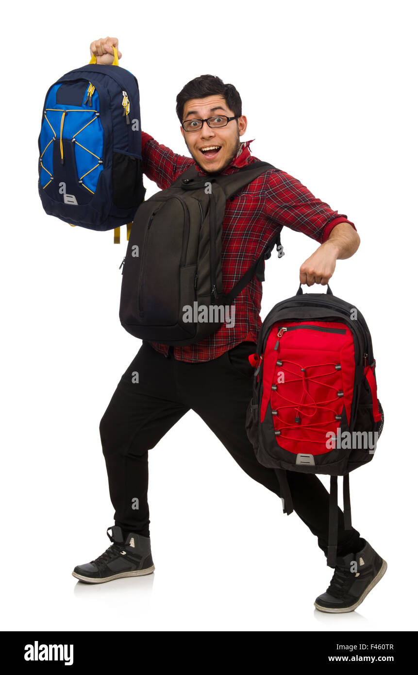 Young man with bags isolated on white Stock Photo - Alamy