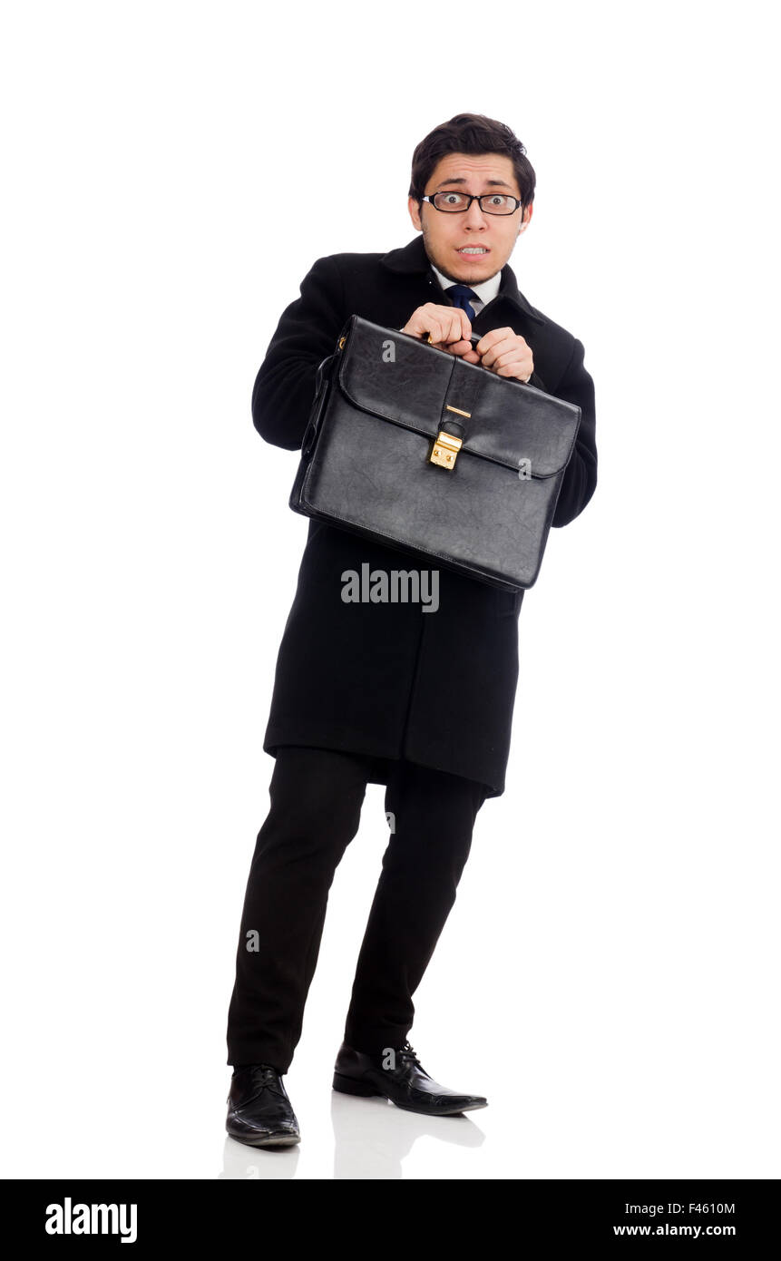 Young man holding suitcase isolated on white Stock Photo - Alamy