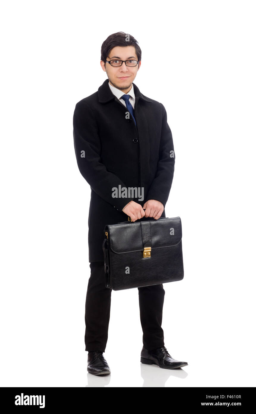Young man holding suitcase isolated on white Stock Photo - Alamy