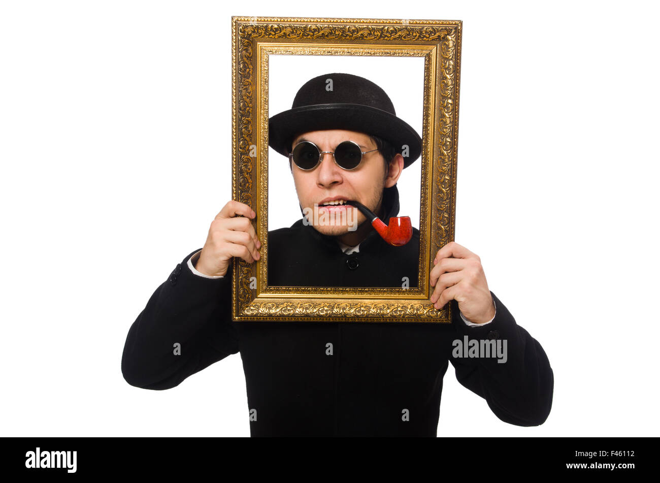 Young man holding frame isolated on white Stock Photo - Alamy